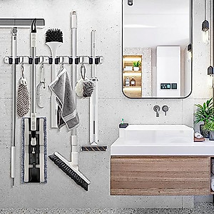 romise Mop Broom Holder Wall Mount, Laundry Broom Holder Organizer Storage Tool Wall Hanging with 5 Racks 4 Hooks, Stainless Steel Heavy Duty Garage Self Adhesive Tool Hanger for Home Garden Kitchen