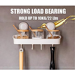 4OURVAN Spice Storage Rack Vacuum Shower Caddy with 4 Hooks Suction Cup Bathroom Kitchen Organizer Shelf Rack Shower Basket Wall Mounted Organizer for Shampoo | Spice | No-Drilling Removable Reusable