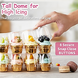 (12 Pack x 30 Sets) Gencywe Mini Cupcake Containers with 375 Pack Cupcake Liners, Plastic Cupcake Holder with High Dome, Stackable Mini Cupcake Boxes Carrier, Clear Disposable Cupcake Trays -MINI SIZE