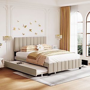 Anwick Velvet Queen Size Platform Bed with 2 Drawers and 1 Twin XL Trundle, Upholstered Queen Bed Frame with Storage and Headboard for Bedroom, No Box Spring Needed (Beige, Queen)