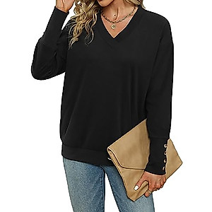 Dimur Womens Sweatshirts V Neck Long Sleeve Shirts Casual Trendy Button Down Pullover Sweaters for Women Black M