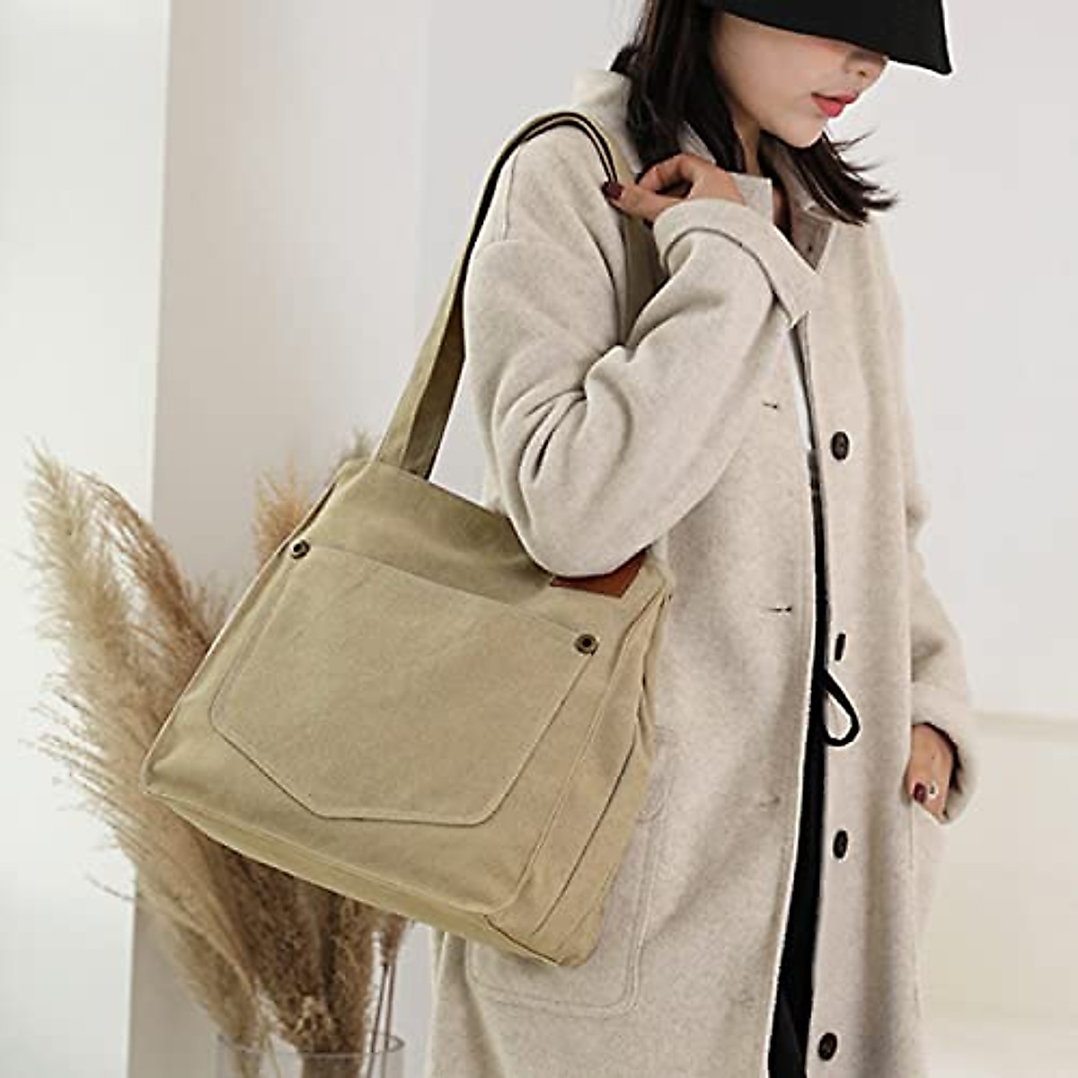 Sunshinejing Women's Canvas Tote Purse Handbag Top Handle Shoulder Work Bags (Brown)