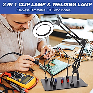 Soldering Station Kit with Clamp Magnifying Glass for Close Work, YSaekYeo Heavy Base & 2-in-1 Desk Magnifier with Stand, Adjustable Magnetic Helping Hands & Solder Arms, 3-Color LED (1BCW-MG-02)