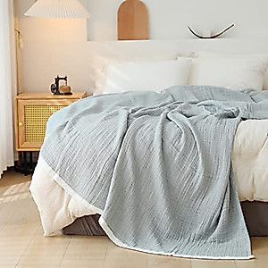 Cotton Muslin Throw Blanket for Adults Queen 78" x 90" Lightweight 100% Cotton Blankets 4 Layer Cozy Wrinkled Super Soft for Bed,Couch & Sofa,All Season Bedding, Cyan