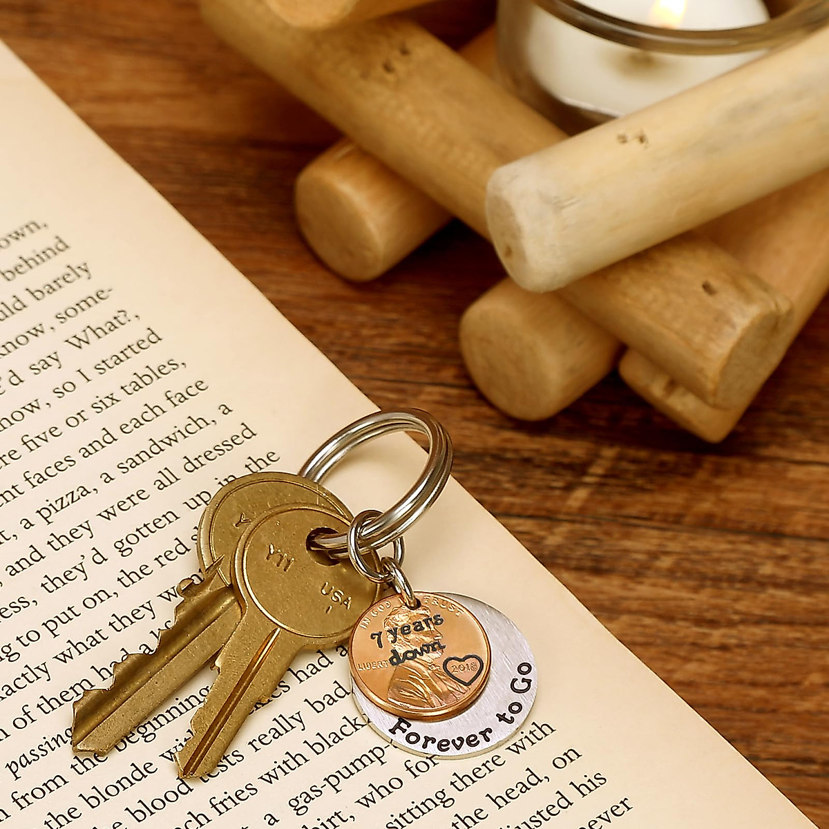 HRMYUDI Copper Gifts for 7th Anniversary, 7 Years Anniversary Copper Gift Coin Keychain with a 2018 Penny, 7 Years Down and Forever To Go Keyring, Anniversary Present for Man Woman