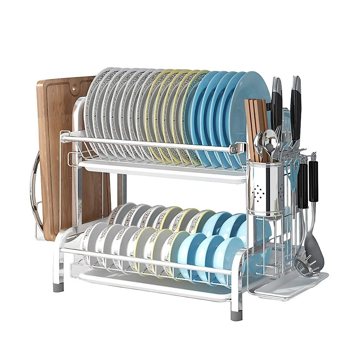2-Tier Dish Rack, Colture Stainless Steel Dish Drying Rack with Utensil Holder and Drain Board Wine Glass Holder Easy-Storage Rustproof Kitchen Counter Dish Drainer Rack Organizer, Silver