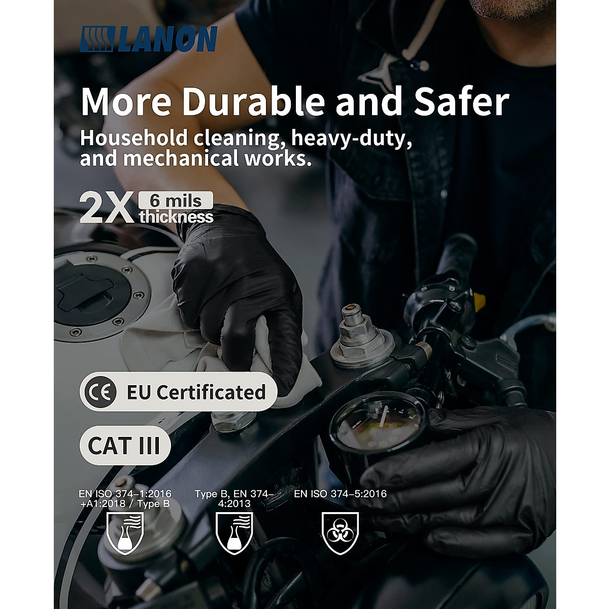 LANON 6-mil Black Nitrile Disposable Gloves, Food-Safe, Powder-Free, Heavy-Duty, Textured Fingertips, Latex-Free, XL