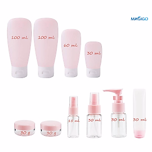 MAGIGO Pink Toiletries Leak Proof Travel Bottle Set (16 Pack), TSA Approved Airline Carry-On with Clear Bags for Women