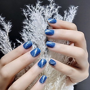 Short Press on Nails Medium Almond Cat Eye Fake Nails False Nails with Glitter Sparkly Designs Blue Full Cover Acrylic Nails Light Luxury and Glossy Artificial Nails for Women 24Pcs