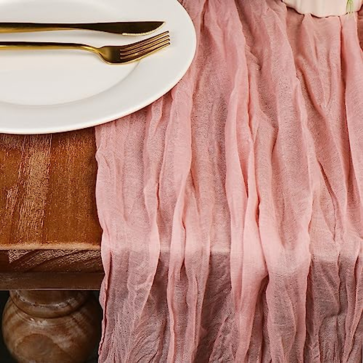 Dololoo Cheesecloth Table Runner Pink 35 x 118 Inches Gauze Table Runner 10Ft Rose Boho Rustic Decorations for Wedding Decor Reception Bridal Shower Holiday Party