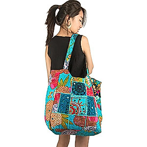 TribeAzure Large Oversize Blue Canvas Shoulder Bag Handbag Unique Tote Quilt Vintage Beach Travel Summer