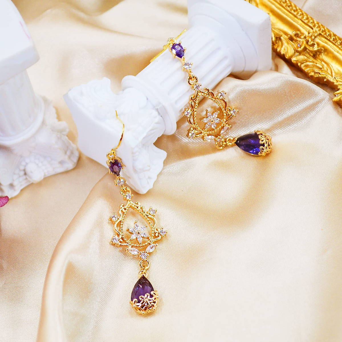 MOMOCAT 18K Gold Plated Purple Amethyst Crystals Flower Long Big Hoop Dangle Earrings Baroque Style Unique Costume Earrings Dangling Fashion Cute Jewelry for Women Teen Girls