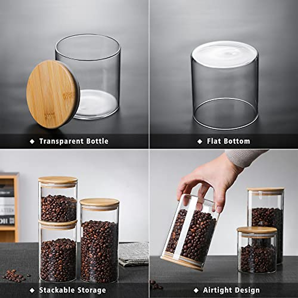 MOLFUJ 960 ML / 32 FL Oz Glass Storage Container with Wood Lid, Stackable Clear Decorative Organizer Bottle Canister Pantry Jar with Air Tight Wooden Lid for Food, Coffee, Candy, Sugar, Salt, Tea