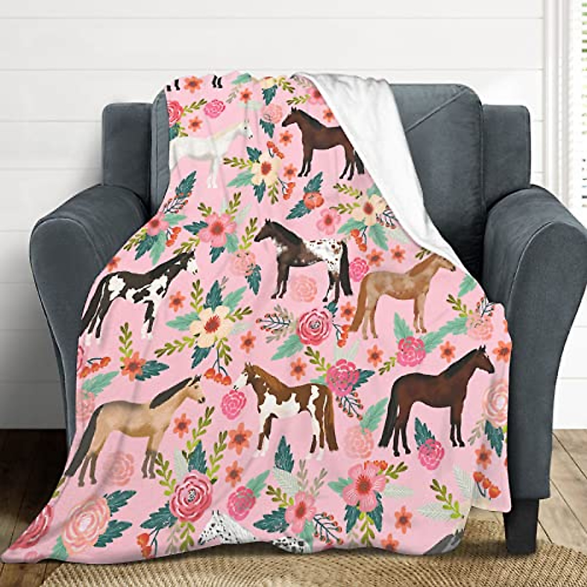 Horse Blanket Gift for Girls Women Cute Animal Horses Flowers Fleece Flannel Throw Blankets Soft Lightweight Plush Pink Blanket for Horse Lovers Decor Bed Sofa 50"x40"