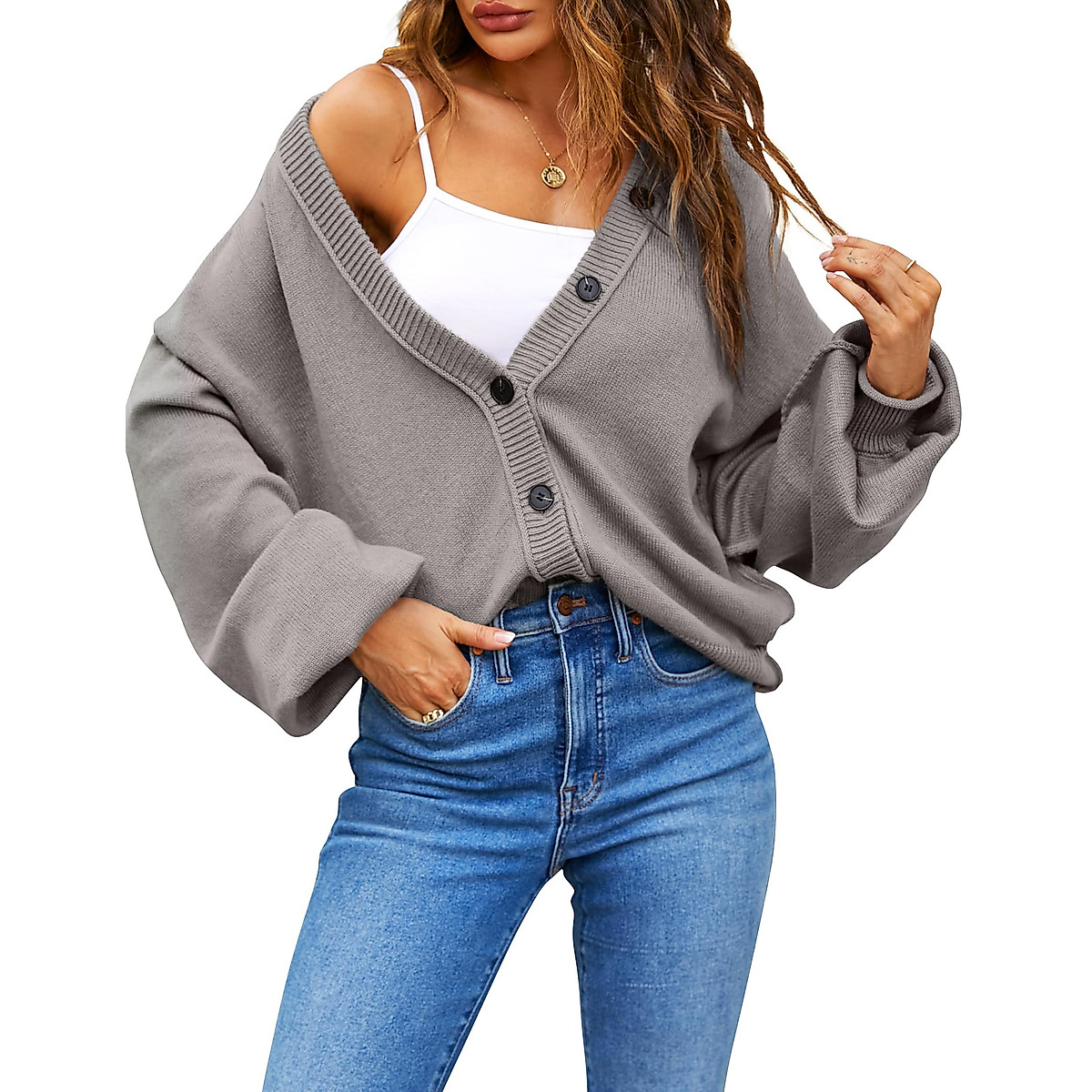 GAMISS Lantern Sleeve Cardigan Sweater for Women Oversized Cardigan Tops Button Down Trendy Tops Grey, XL