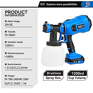 Prostormer 20V Cordless Paint Sprayer, Brushless High Power HVLP Paint Spray Gun with 3 Spray Patterns and 1200ml Containers - Easy to Spray/Clean Ideal for Furniture, Fence, Walls, Door