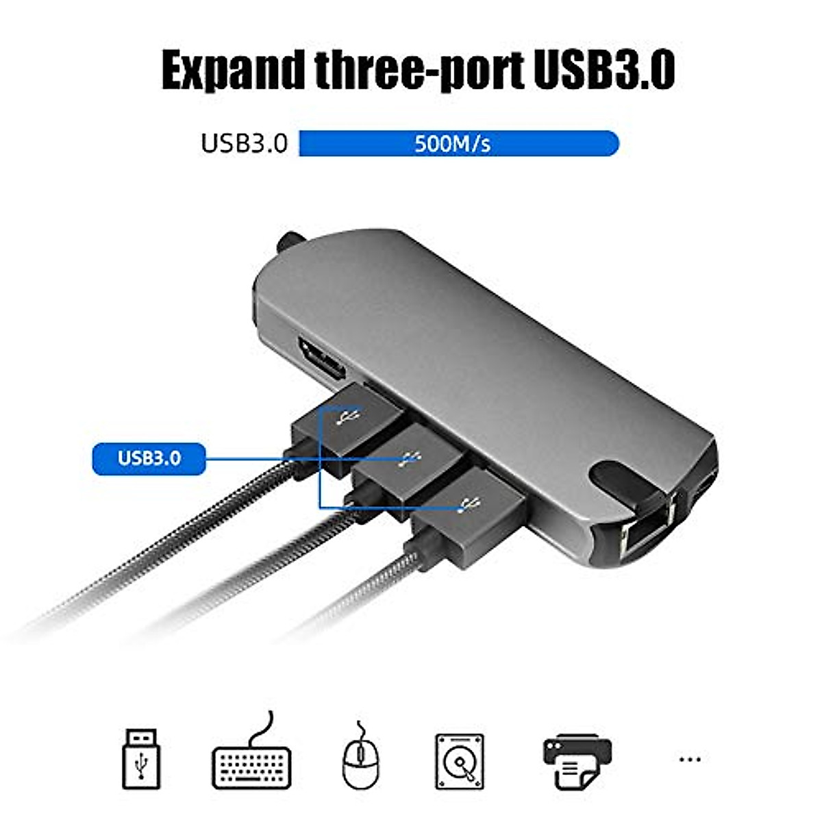 XUNMAIFHB Portable Docking Station,8-in-1 USB Type-c Converter 1 Drag 8 Computer Splitter USB3.0A, HDMI, RJ45 (Gigabit) TF/SD, PD Fast Transmission