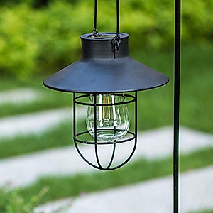 2 Pack EKQ Hanging Solar Lights Lantern Lamp with Shepherd Hook, Metal Waterproof Edison Bulb Lights for Garden Outdoor Pathway (Black)