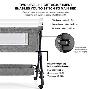 Baby Bassinet Bedside Sleeper Cradle Bedside Crib Grey Baby Bed Portable Bassinet for Newborn Infant Baby with Storage Basket Lockable Wheels Adjustable Height Easy Assemble Folding Breathable