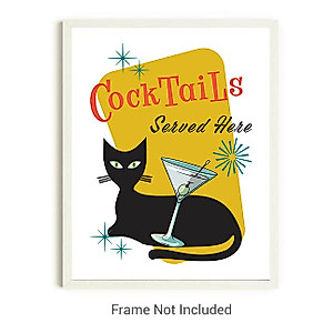 Mid Century Modern No.21 Wall Art Print - 11x14 UNFRAMED Retro Boho Aesthetic Kitchen, Bar Decor. Atomic Cat with Martini “Cocktails Served Here”
