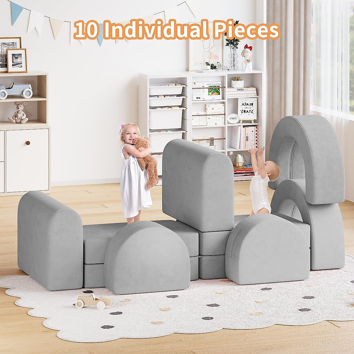 MOOITZ Modular Kids Play Couch, 10pcs Kids Play Couch for Playroom Bedroom, Convertible Modular Toddler Couch, Creative Kids Foam Sofa for Boys and Girls-Grey