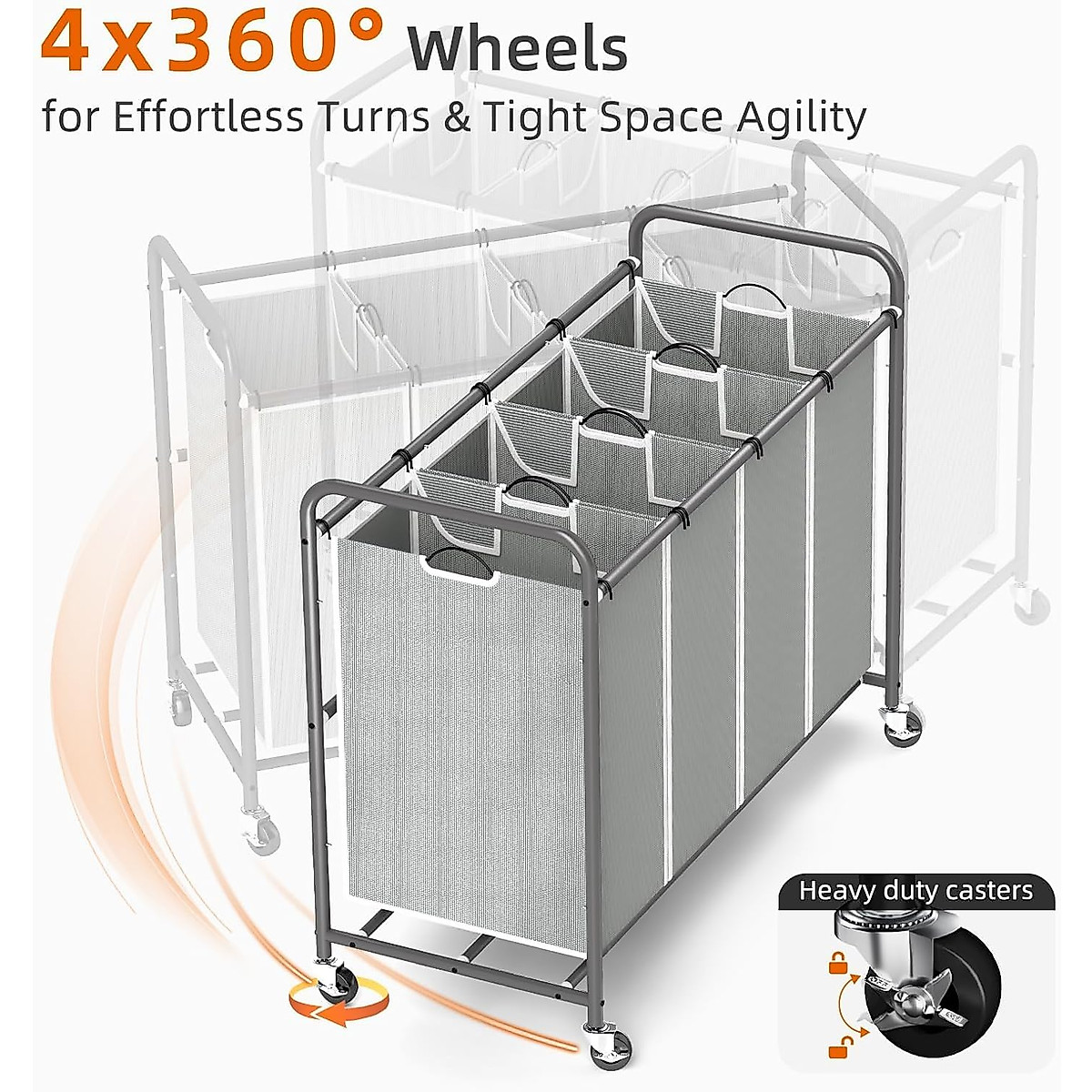ROMOON 4 Bag Laundry Sorter Cart, Laundry Hamper Sorter with Heavy Duty Rolling Wheels for Clothes Storage, Grey