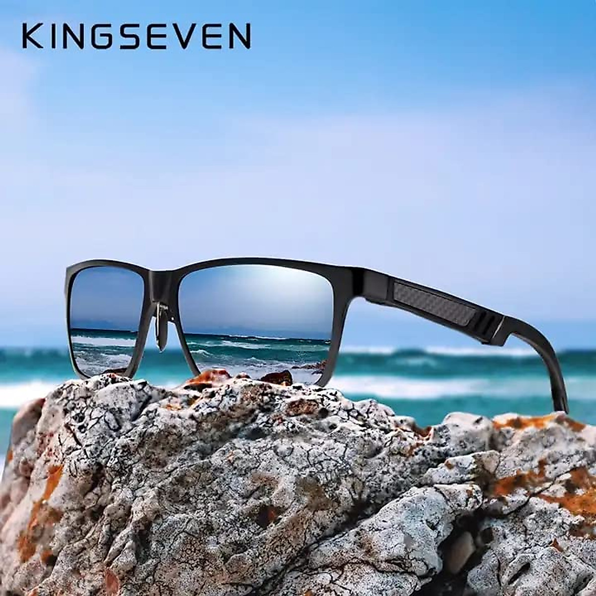 KINGSEVEN Men Polarized Sunglasses Aluminum Magnesium Sun Glasses Driving Glasses Rectangle Shades For Men Oculos masculino (Black Blue)