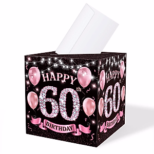 60th Rose Gold Birthday Cards Box - 60 Year Birthday Party Decorations for bday Gift or Money Receiving Card Box, Birthday Activities Supplies - pink011