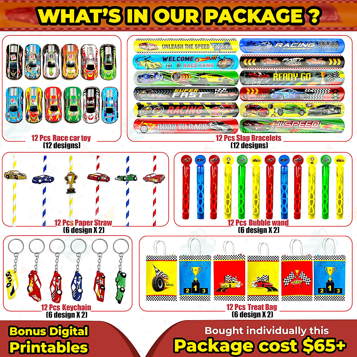 Race Car Party Favors 72 Pcs Mini Race Car Treat Bag Slap Bracelets Keychain Bubble Paper Straws Gift Rewards for Birthday Supply Classroom Reward