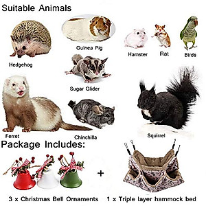 Small Pet Cage Hammock with 3 Christmas Bell Ornaments,Triple Layer Hammock Hamster Guinea Pig Cage Accessories Bedding Cozy Ferret Tunnel Cave Small Animals Bed for Chinchilla Sugar Glider (Pink)