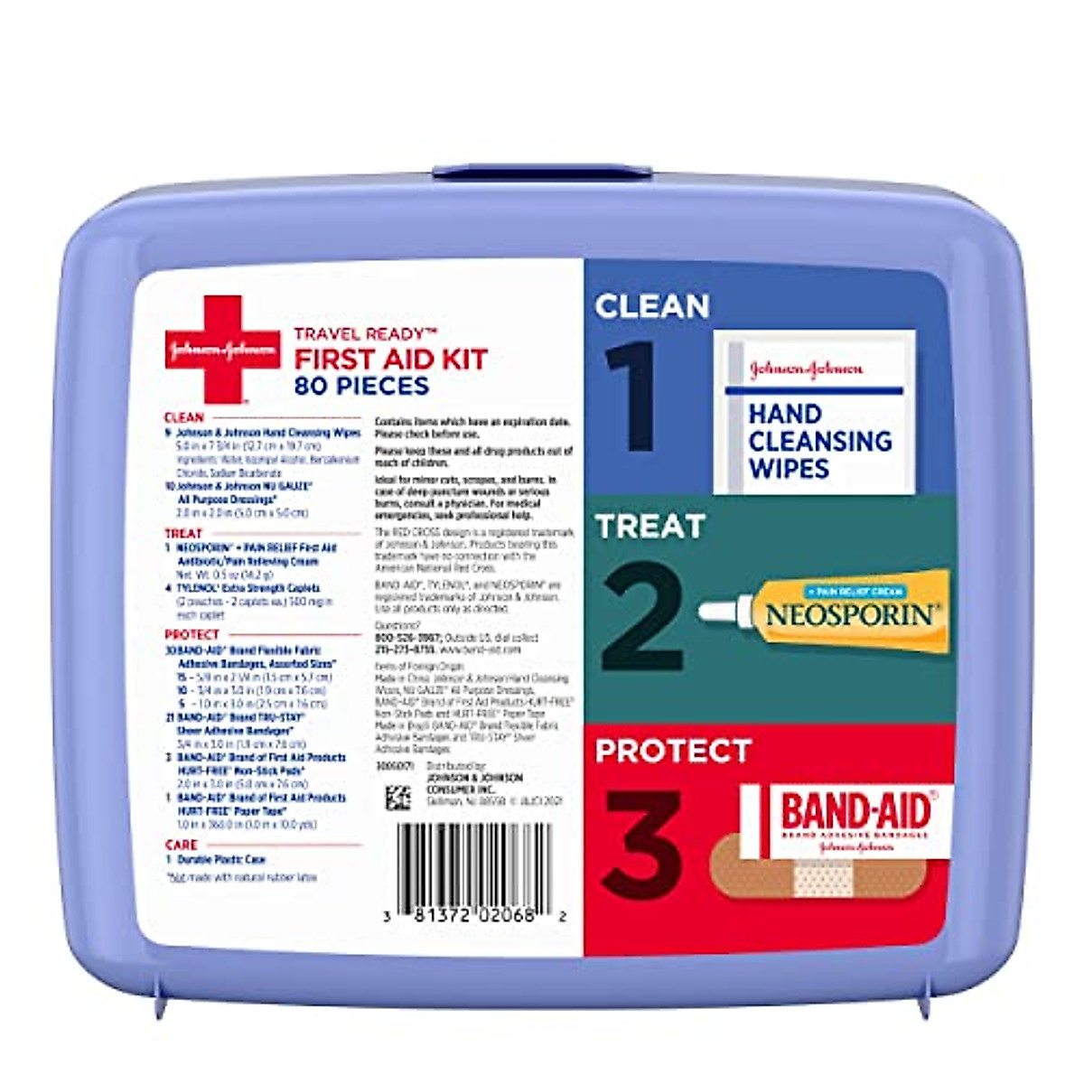 Johnson & Johnson Travel Ready Portable Emergency First Aid Kit for Minor Wound Care with Assorted Adhesive Bandages, Gauze Pads & More, Ideal for Travel, Car & On-The-Go, 80 pc