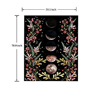 Fendio Black Moonlit Garden Tapestry, Moon Phase Star Surrounded by Flowers Vine Black Wall Hanging Blanket for Room
