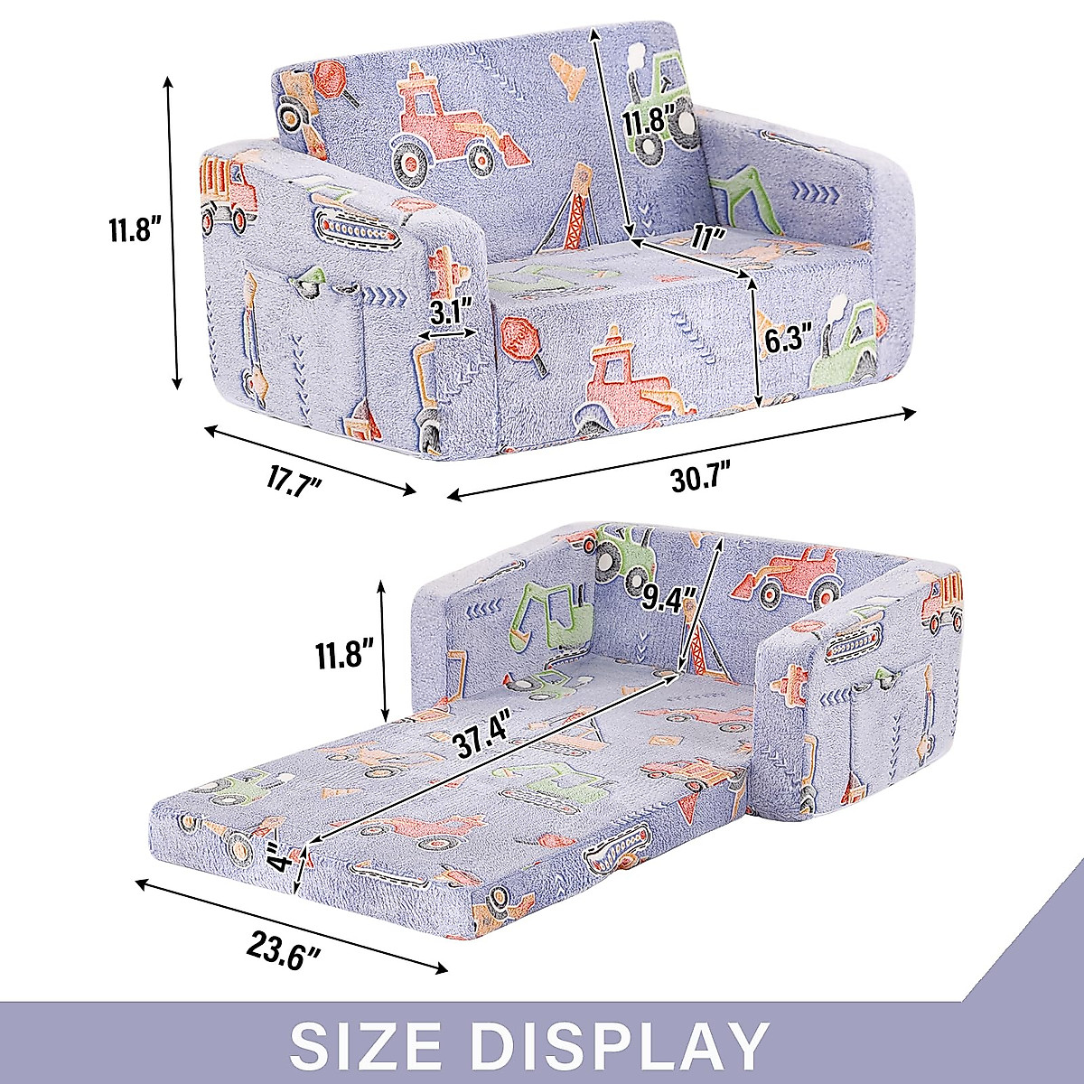 Tiita Kids Sofa Chair, 2 in 1 Toddler Fold Out Couch, Comfy Kids Sofa for Playroom-Extra Soft 2 Seats, Glow in The Dark Children Couch to Lounger for Girls Boys, Vehicles