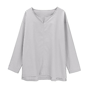 Tops for Men Cotton and Linen Brief Breathable Comfy Solid Color Long Sleeve Loose Casual T Shirt Blouse Gray