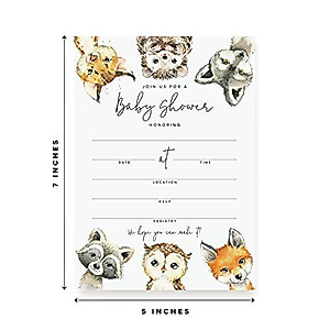 Bliss Collections 25 Baby Shower Invitations with Envelopes Woodland Animals, Forest Creatures, Fox, Owl, Racoon, Wolf, Hedgehog, Bobcat - Gender Neutral, 5x7 Cards