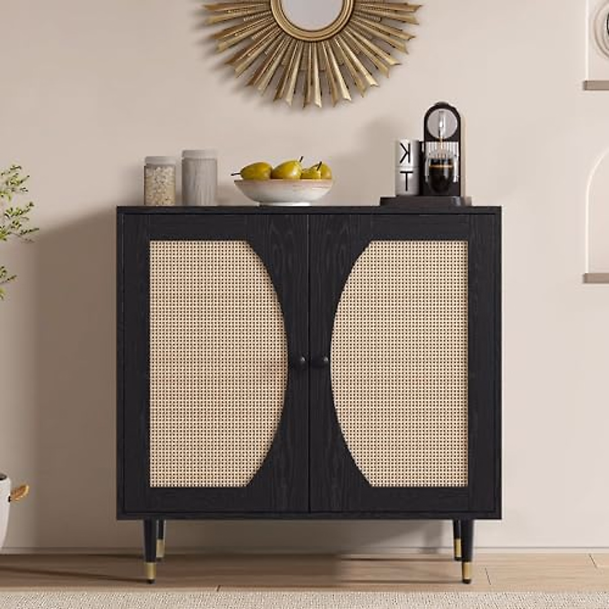 Black Buffet Sideboard Cabinet, Rattan Sideboard with Natural Rattan Doors, Black Rattan Console Table with Storage, Modern Accent Buffet Cabinet with Adjustable Shelves for Living Dining Room
