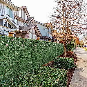 OUSHENG 118x39in Artificial Ivy Fence Privacy Screen Cover with Flowers, Faux Vines Leaf Covering Grass Wall Decoration for Outdoor Patio Balcony Apartment Backyard Deck Garden