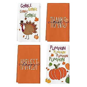Artoid Mode Turkey Gobble Thanksgiving Kitchen Towels Dish Towels, 18x26 Inch Pumpkin Happy Harvest Decoration Hand Towels Set of 4