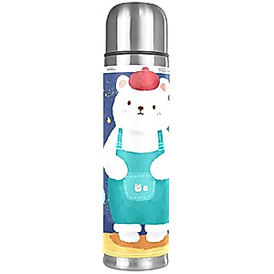Stainless Steel Leather Vacuum Insulated Mug Bear Thermos Water Bottle for Hot and Cold Drinks Kids Adults 16 Oz