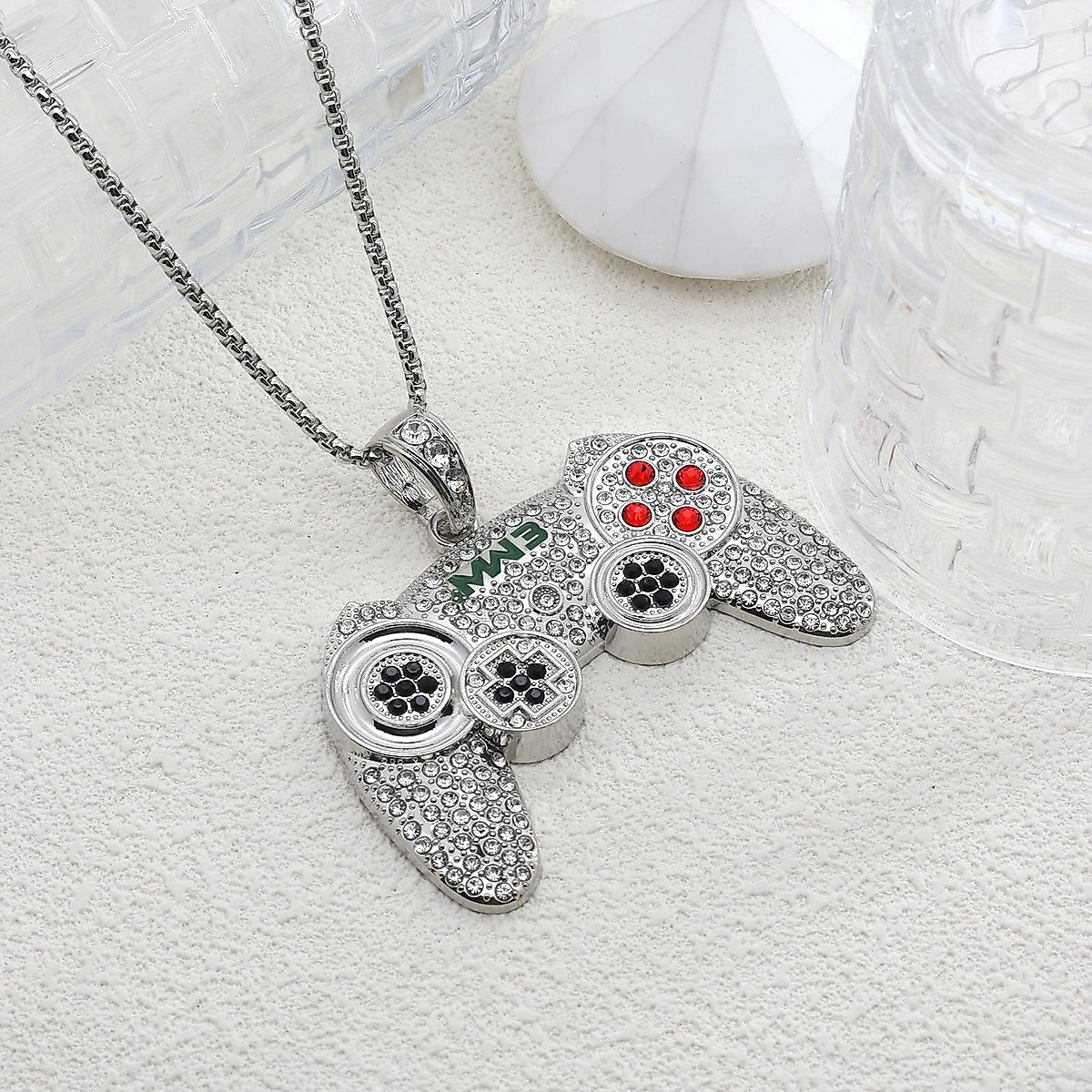 Rrdaily To My Son/Grandson Necklace Colorful Crystal Game Controller Necklaces Punk Hip Hop Friendship Necklace Game Console Necklace for Son/Grandson Best Friends (Silver)