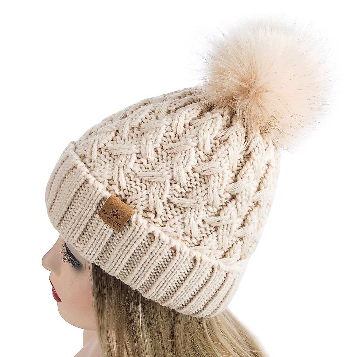 PAGE ONE Womens Winter Ribbed Beanie Crossed Cap Chunky Cable Knit Pompom Soft Warm Hat Beige