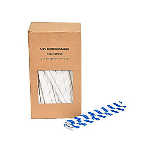 200-Pack Premium Biodegradable Paper Straws - Eco-Friendly Drinking Straws - Bulk Paper Straws for Juices, Smoothies and Party Decorations - 7.75" Long .25" Wide (Blue)