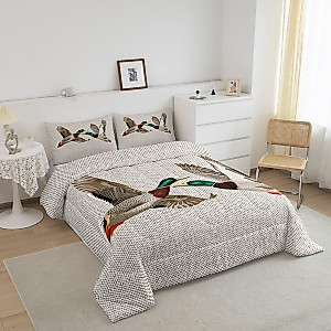 Erosebridal Mallard Duck Comforter Set Queen Wild Animal Bedding Set, Grey Honeycomb Duvet Insert Lake Wildlife Duvet, Modern Geometric Hexagon Quilted Duvet Hunting Theme Home Decor 3pcs