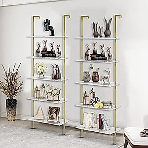 aboxoo Ladder Shelf White Marble Open Bookshelf 5-Tier Wall-Mounted Wood Rack Industrial Modern Plant Flower Stand Utility Organizer Bookcase Metal Frame Furniture Office Kitchen Bedroom