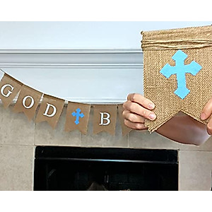 Shimmer Anna Shine Burlap God Bless Banner for Baby Girl Boy Baptism Decorations Christening First Communion Confirmation Baby Shower Wedding Birthday Party Photo Props (Blue)
