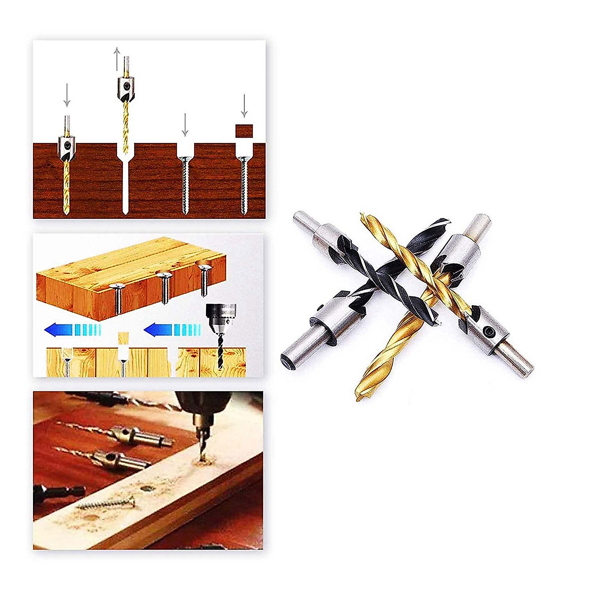 Pteanecay Titanium Coated Countersink Drill Bit Set Woodworking Carpentry Reamer Tool Set with Hex Key Wrench,4 PCS