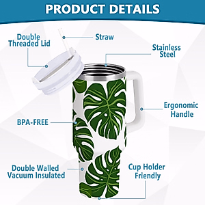 40 oz Green Monstera Leaf Insulated Tumbler with Handle, Stainless Steel Vacuum Water Bottles with Lid and Straw for Water, Iced Tea or Coffee