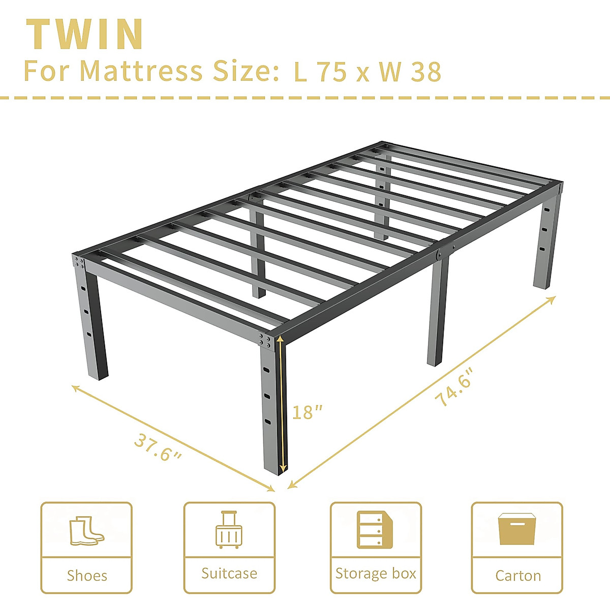 ALDRICH 18 Inch Metal Twin Bed Frame - Black Basic Steel Slats Platform, Easy Assembly Heavy Duty Noise Free Bedframes, No Box Spring Needed
