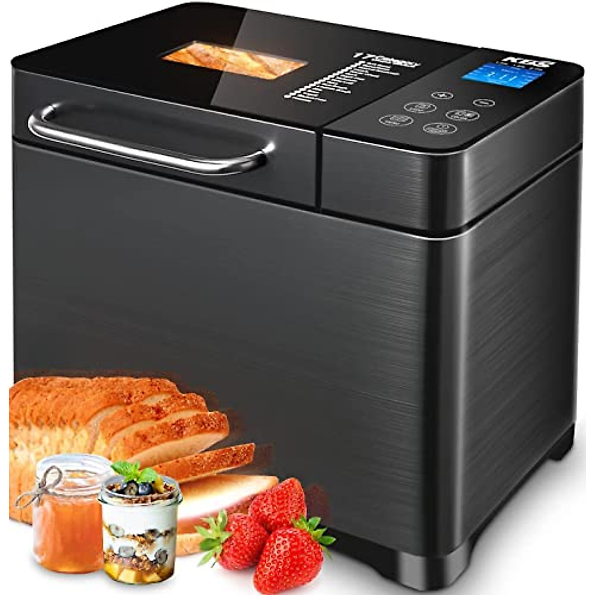 KBS Bread Maker-710W Dual Heaters, 17-in-1 Bread Machine Stainless Steel with Auto Nut Dispenser&Ceramic Pan, Gluten-Free, Dough Maker,Jam,Yogurt PROG, Touch Panel, 3 Loaf Sizes 3 Crust Colors,Recipes