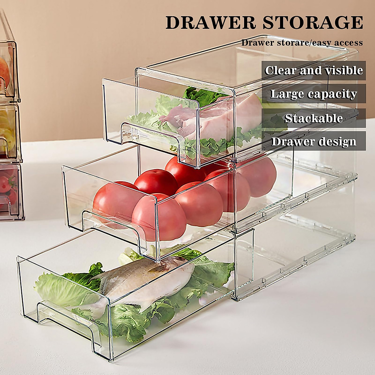 MANO 2Pack Clear Fridge Drawers Pull Out Stackable Refrigerator Drawer Organizer Bins Pantry Storage Box Plastic Food Containers for Kitchen Bathroom Office Closet (2pack Large)